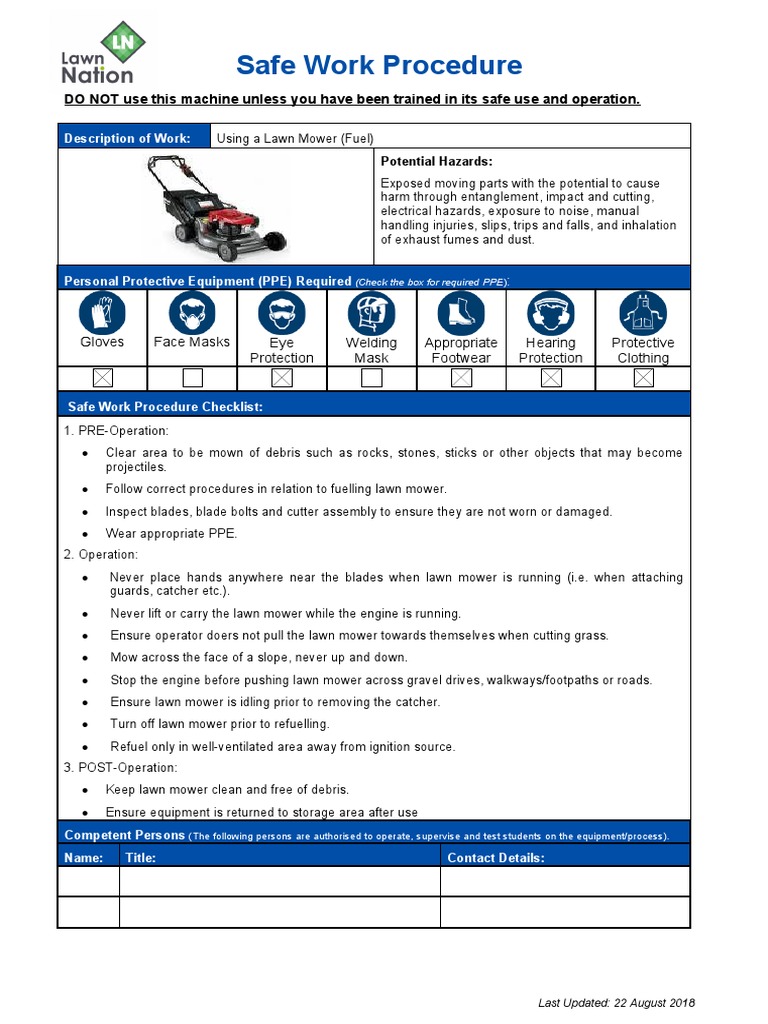 Lawn Mower Safe Work Procedure Guide | PDF | Lawn Mower | Personal ...