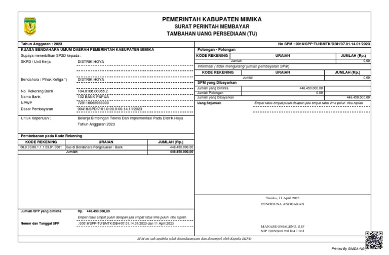 Surat Perintah Bayar Distrik Hoya 2023 | PDF