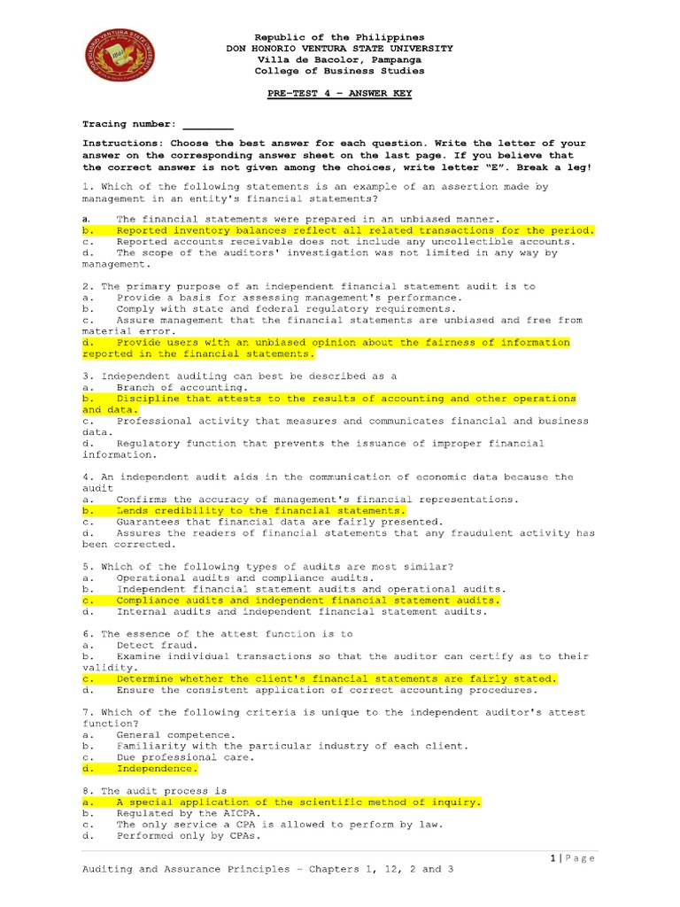Pretest 4 - Answer Key | PDF