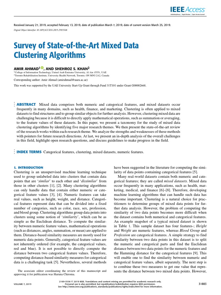Survey Of State Of The Art Mixed Data Clustering Algorithms Pdf Cluster Analysis Algorithms