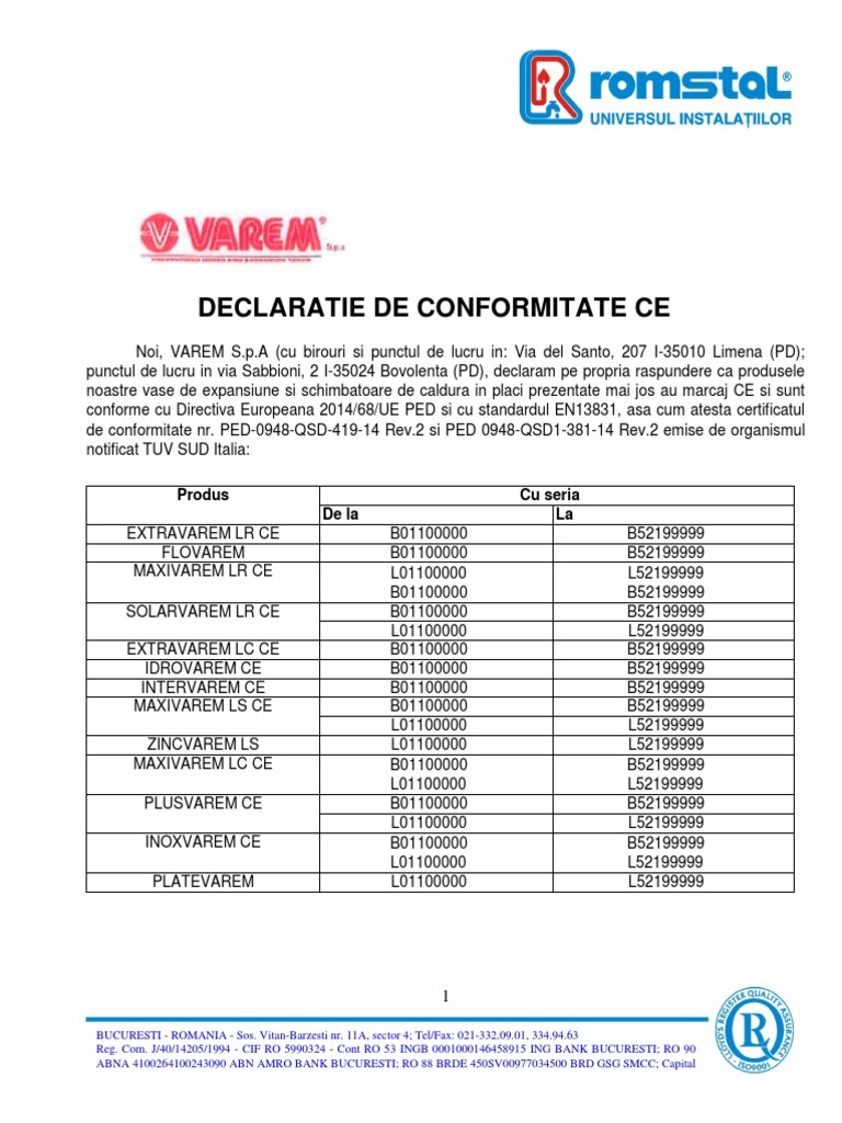 Declaratie de Conformitate Ce: Cu Seria Produs de La La | PDF | Ing Group | Central Banks