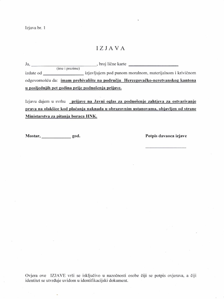 Izjava U Svrhu Prijavne Na Javni Oglas | PDF