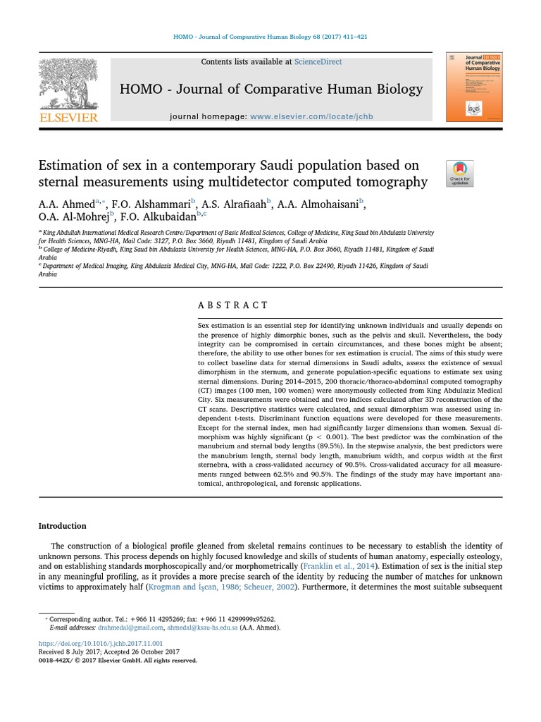 Estimation Of Sex In A Contemporary Saudi Population Based On Sternal