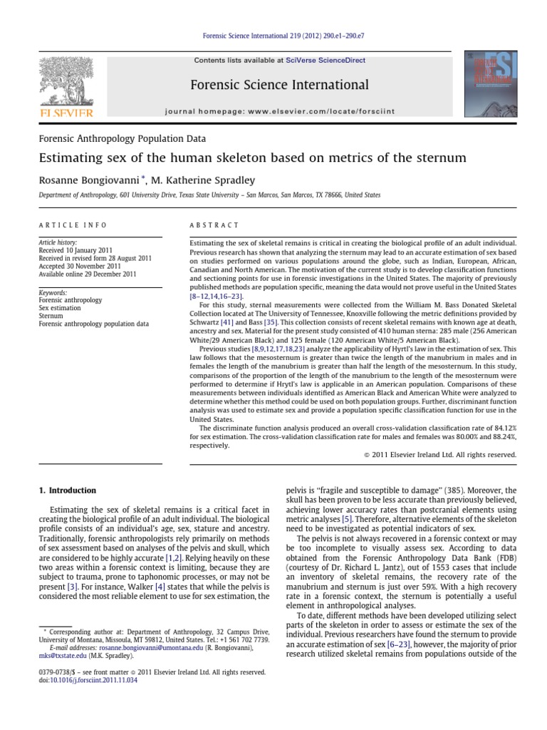 Estimating Sex Of The Human Skeleton Based On Metrics Of The Sternum