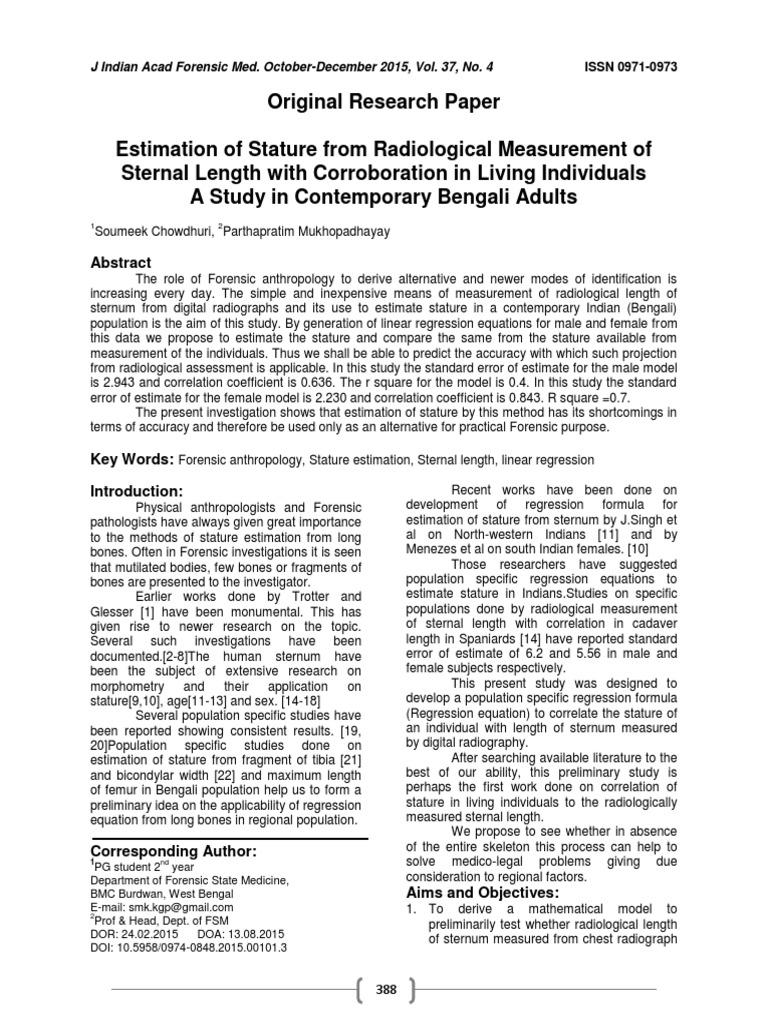 Estimation of Stature From Radiological Measurement of Sternal Length ...