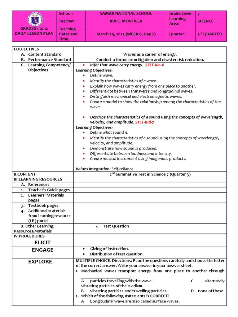 Science 7 Lesson Plan | PDF | Waves | Electromagnetic Radiation