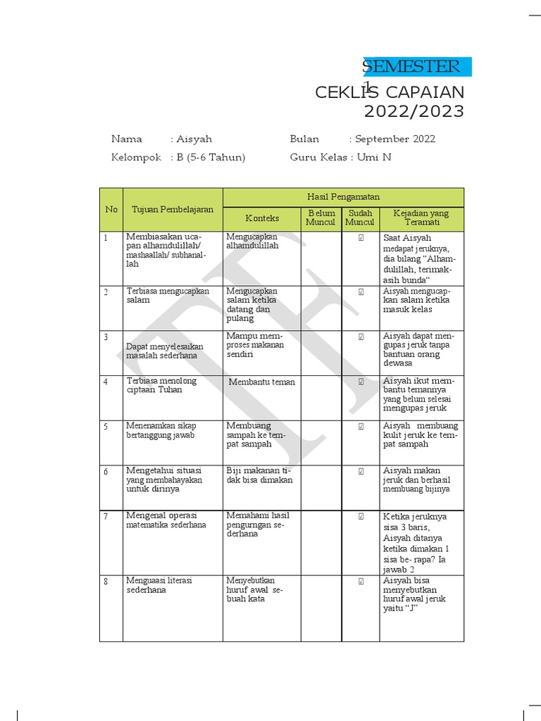 Ceklis Skala Capaian Paud | PDF