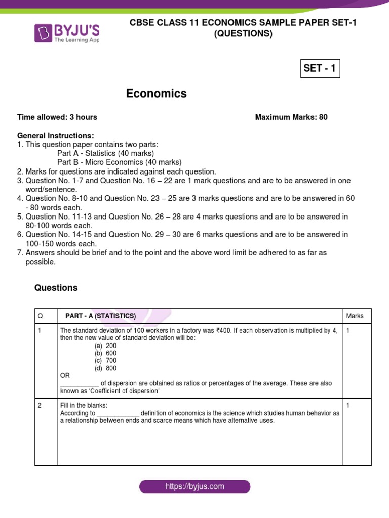 CBSE CLASS 11 ECONOMICS SAMPLE PAPER SET-1 QUESTIONS | PDF | Demand | Demand Curve