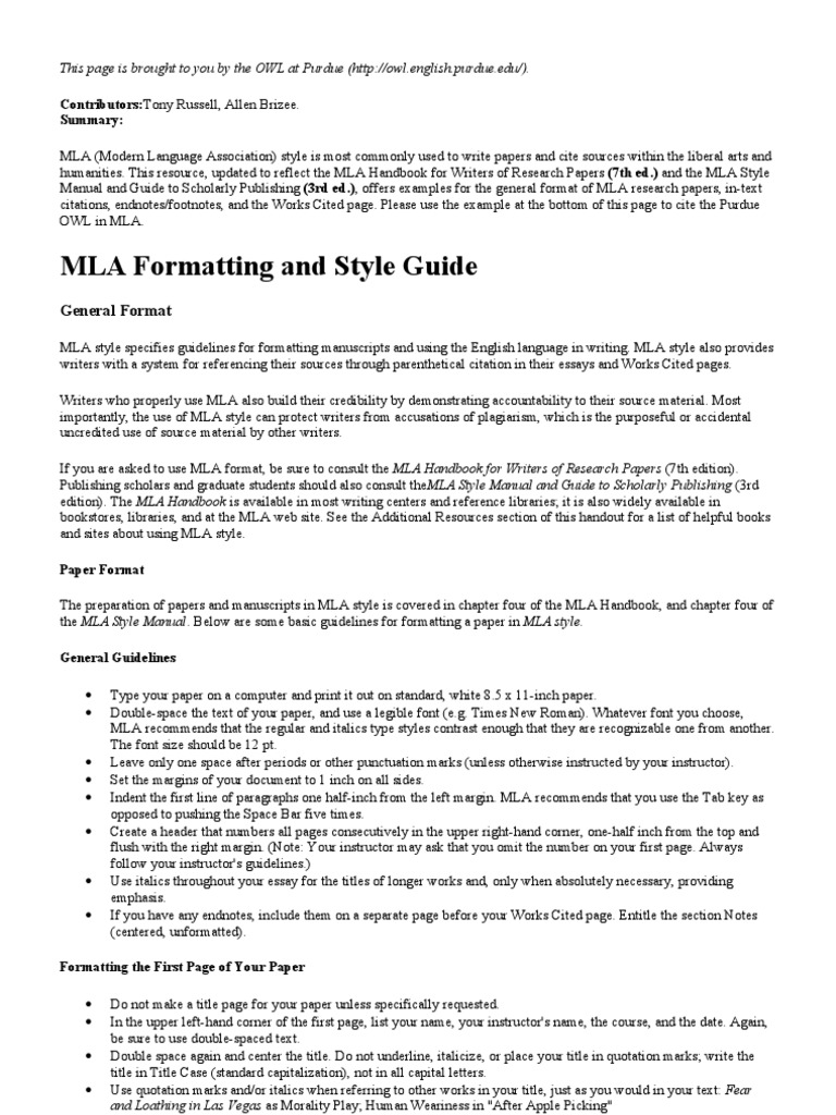 MLA Formatting and Style Guide: General Format | PDF | Note (Typography ...