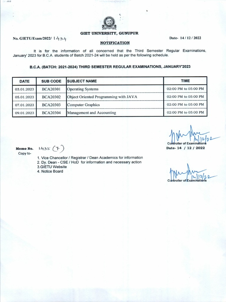 BCA Batch 2021 24 Third Semester Regular Examinations January 2023 | PDF