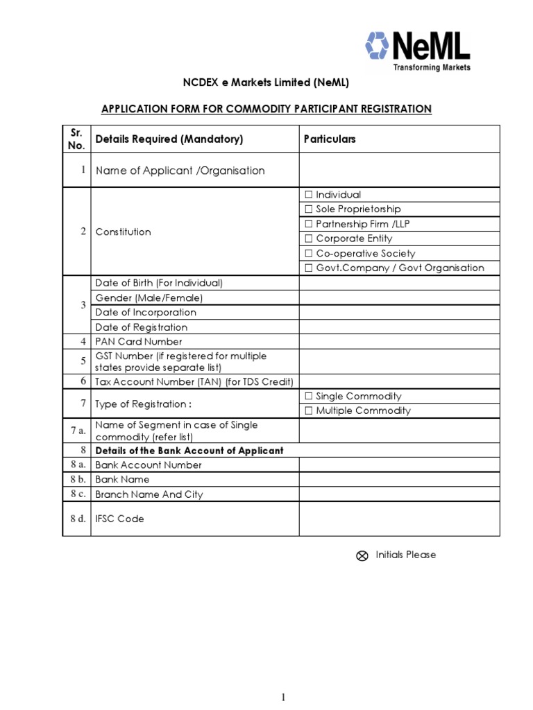 NeML Commodity Participant Registration Form | PDF | Limited Liability ...