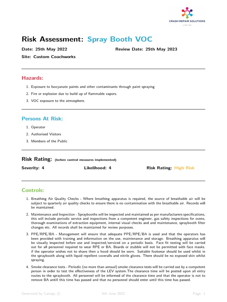 Spray Booth VOC Risk Assessment Report | PDF | Personal Protective ...