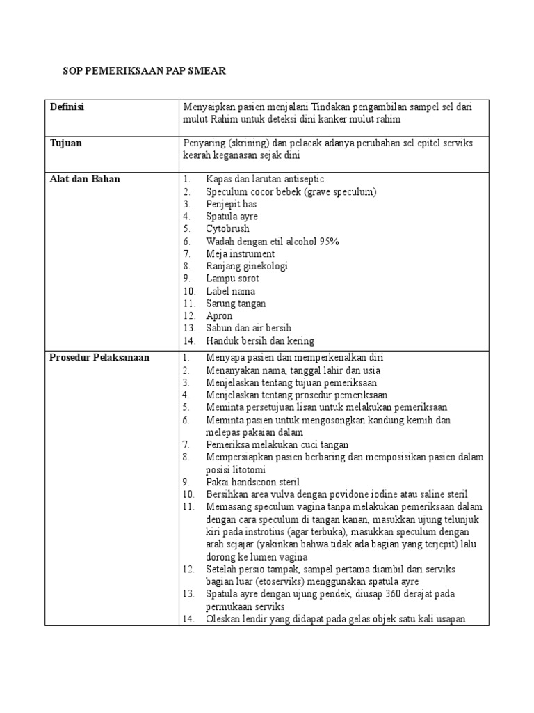 Standar Prosedur Pemeriksaan Pap Smear | PDF