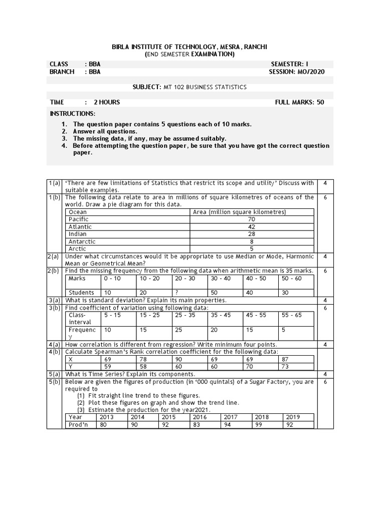 End Sem Exam Mo-20 Bba MT 102 Business Statistics | PDF | Mean | Statistics