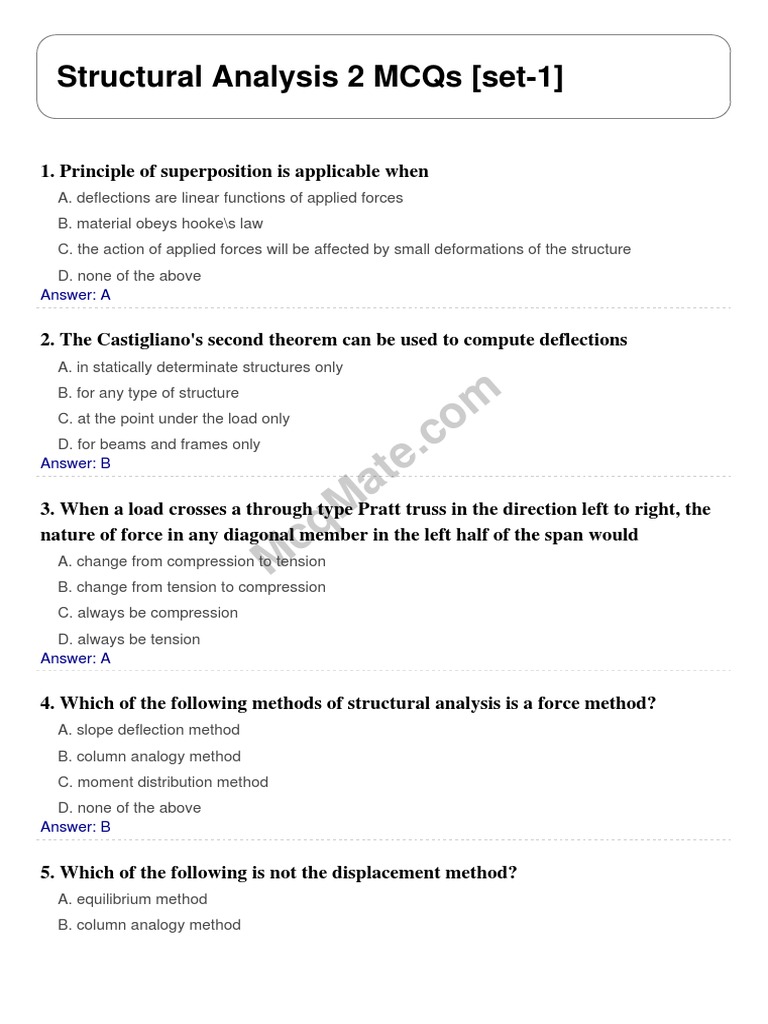 Structural Analysis 2 Solved MCQs (Set-1) | PDF | Bending | Beam (Structure)