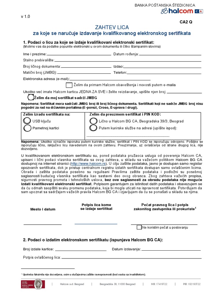 Zahtev Lica Za Koje Se Naručuje Izdavanje Kvalifikovanog Elektronskog Sertifikata | PDF