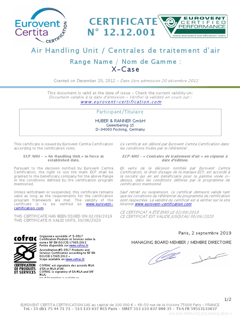 Eurovent X CASE 2019 Certificate | PDF | Technologie et ingénierie