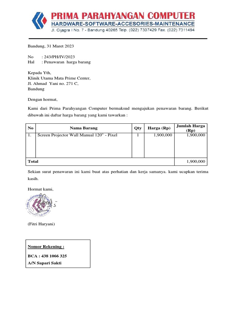 Surat Penawaran Harga Klinik Utama Mata AY | PDF | Pengelolaan Keuangan ...