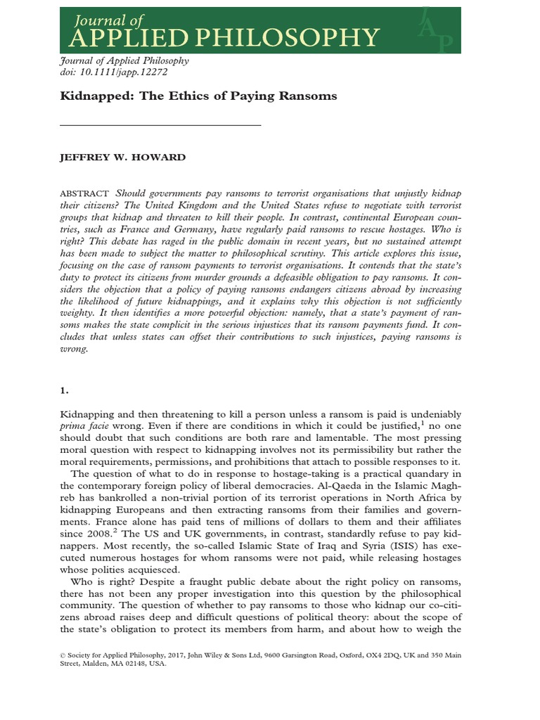 Kidnapped, The Ethics of Paying Ransom | PDF | Applied Philosophy | Intention