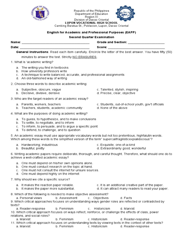 EAPP - Second Quarter Exam | PDF | Concept | Argument
