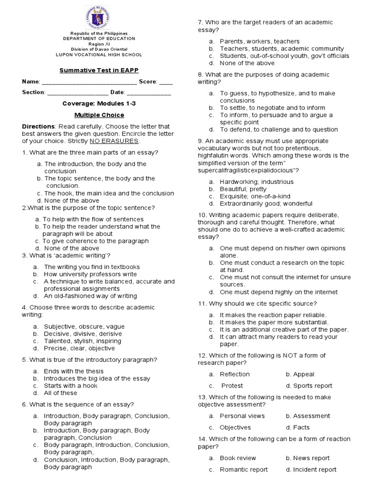 EAPPQ1-1ST Summative | PDF | Essays | Concept