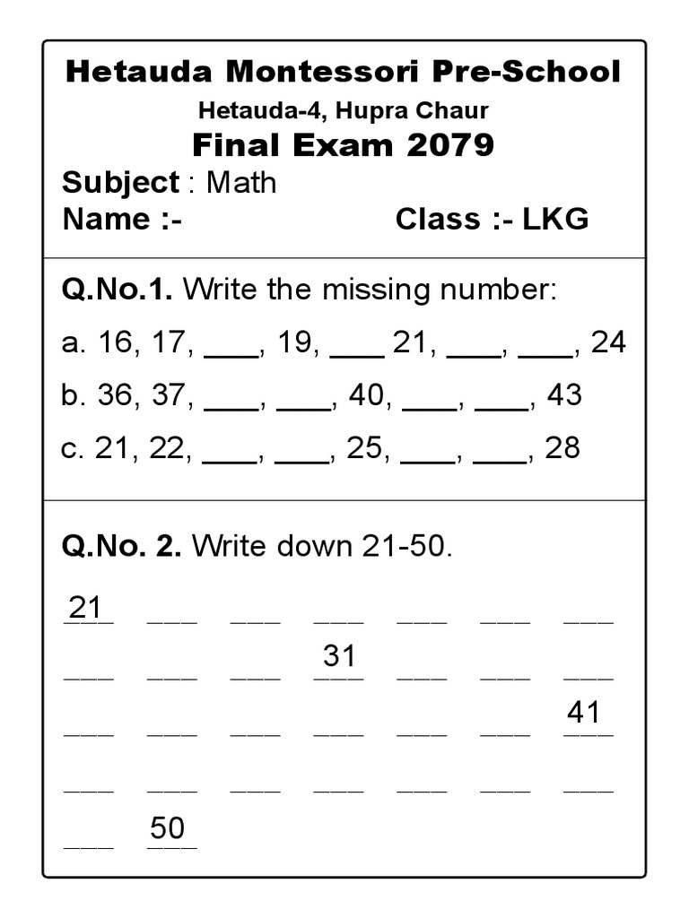LKG Math Final Exam 2079 Worksheet | PDF | Teaching Methods & Materials