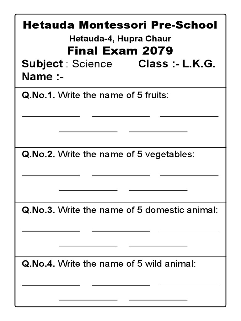 Early Childhood Science Assessment: An L.K.G. Student's Final Exam | PDF