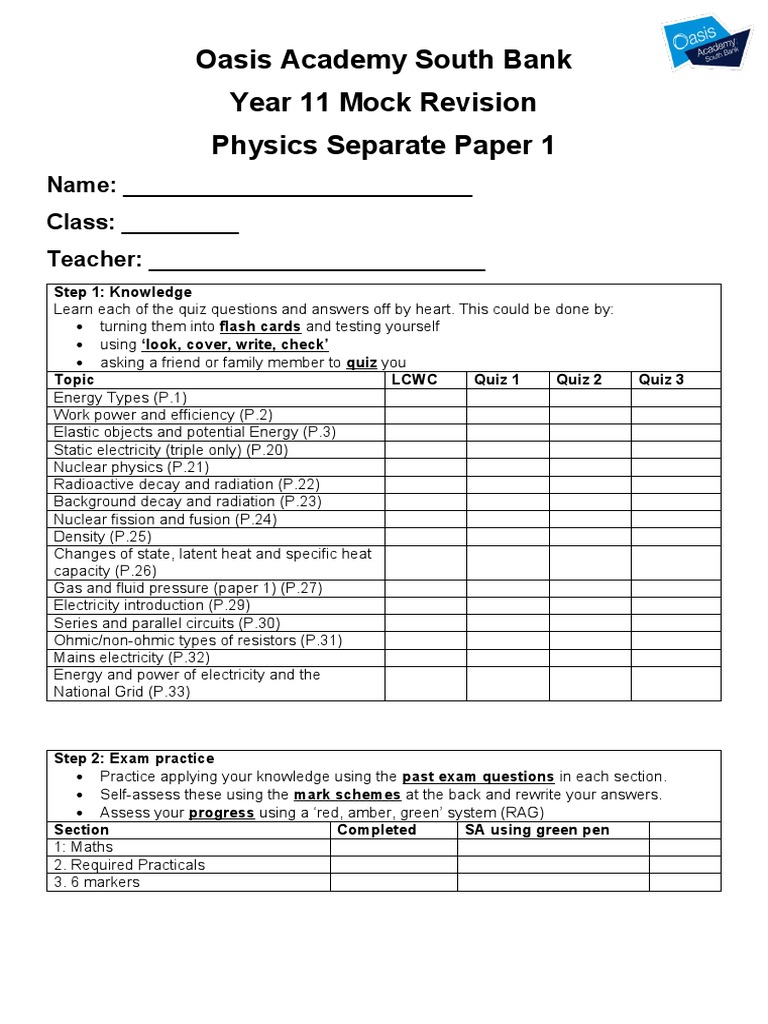 November Mock Revision Booklet - Separate PHYSICS | PDF | Electrical ...