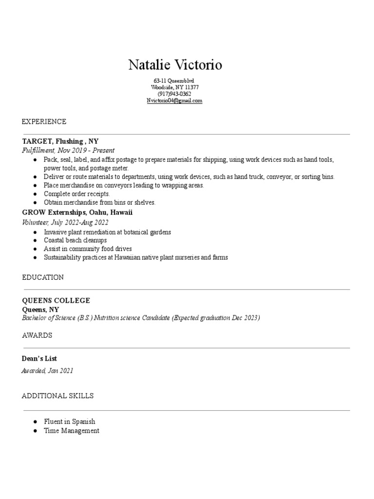 Natalie Victorio's Resume Overview | PDF