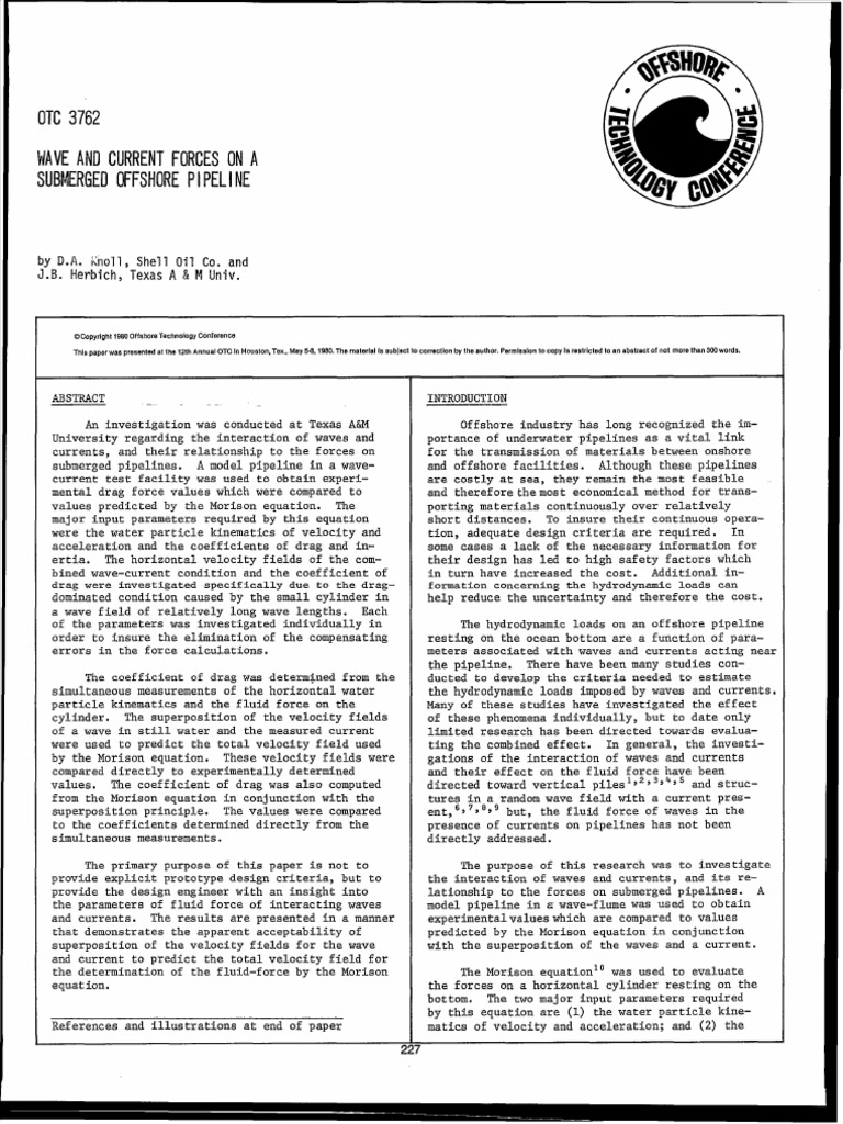 OTC 3762 Wave and Current Forces On A Submerged Offshore Pipeline | PDF | Drag (Physics) | Force