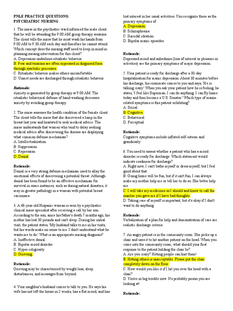 Practice Questions - PSYCH | PDF | Major Depressive Disorder | Nursing