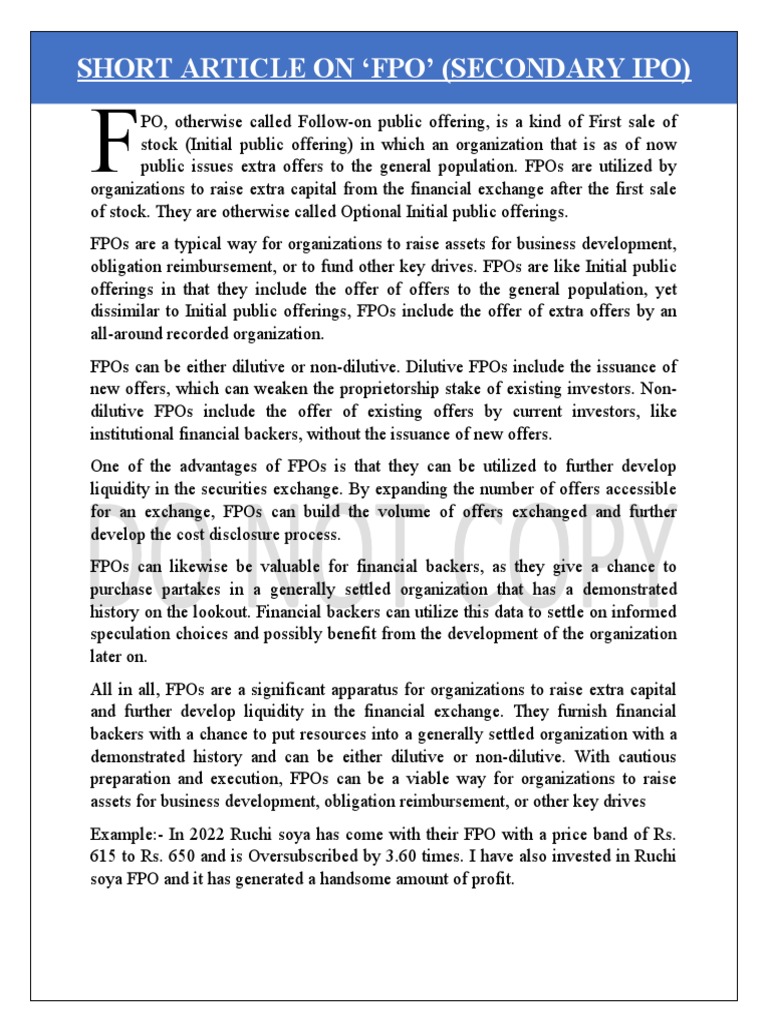 Short Article On 'FPO' | PDF