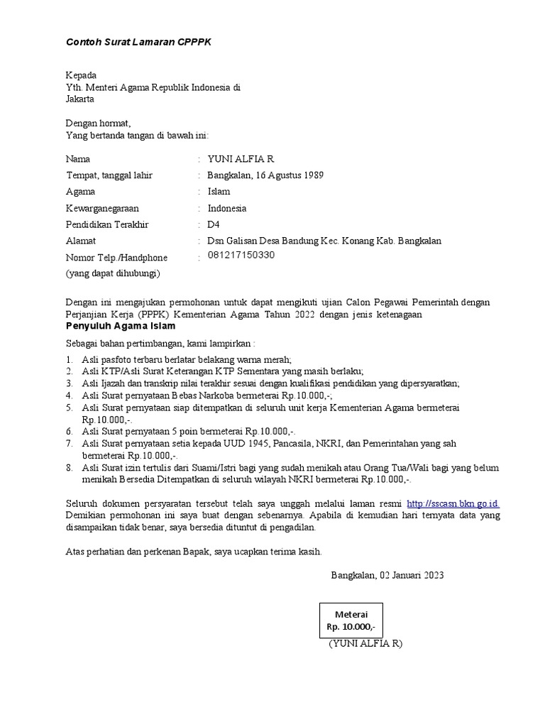 Contoh Surat Lamaran CPPPK | PDF