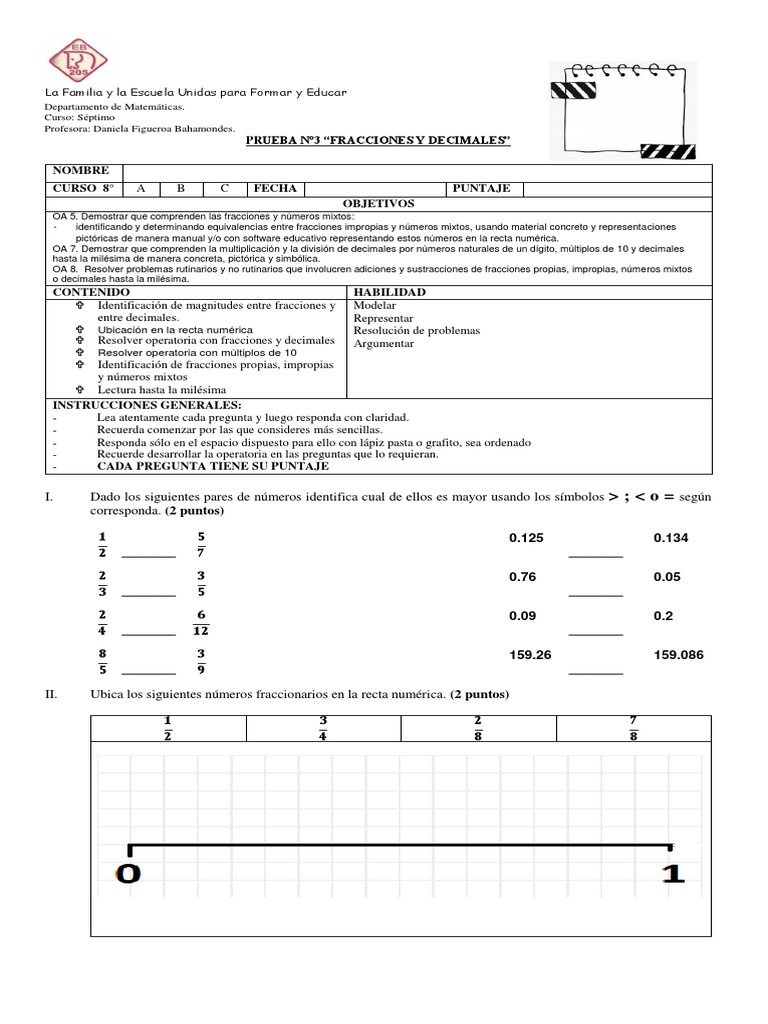 Prueba de Fracciones y Decimales | PDF | Números | Matemática Elemental