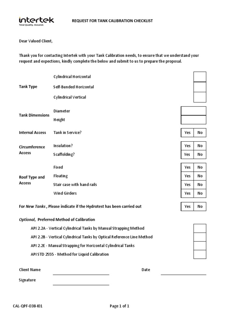 Checklist For Tank Calibration Requests | PDF