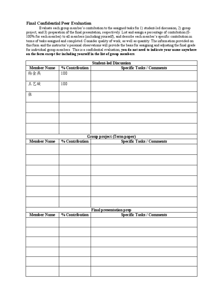 Peer Evaluation Form | PDF