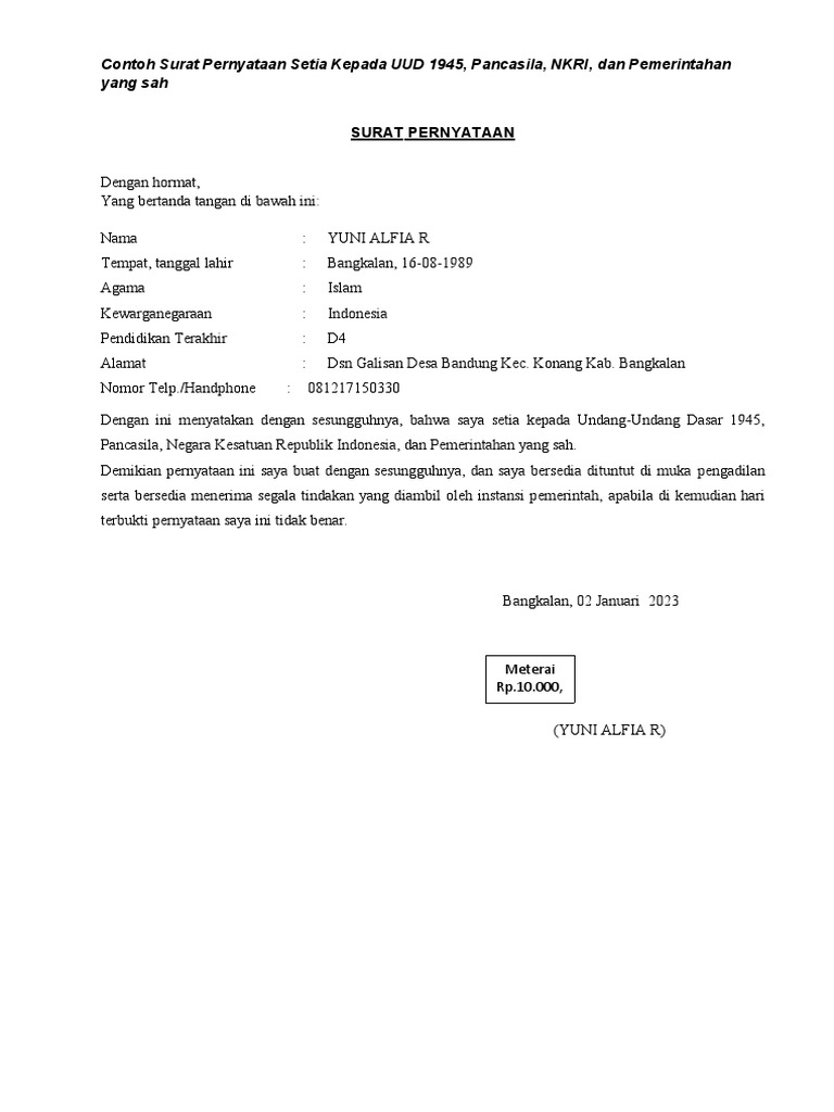 Contoh Surat Pernyataan Setia Kepada UUD 1945, Pancasila, NKRI, Dan ...