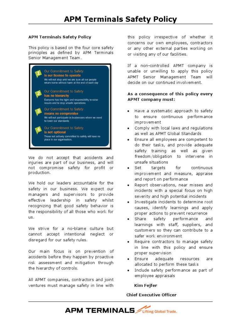 APMT Safety Policy 2013 Final | PDF | Safety | Employment