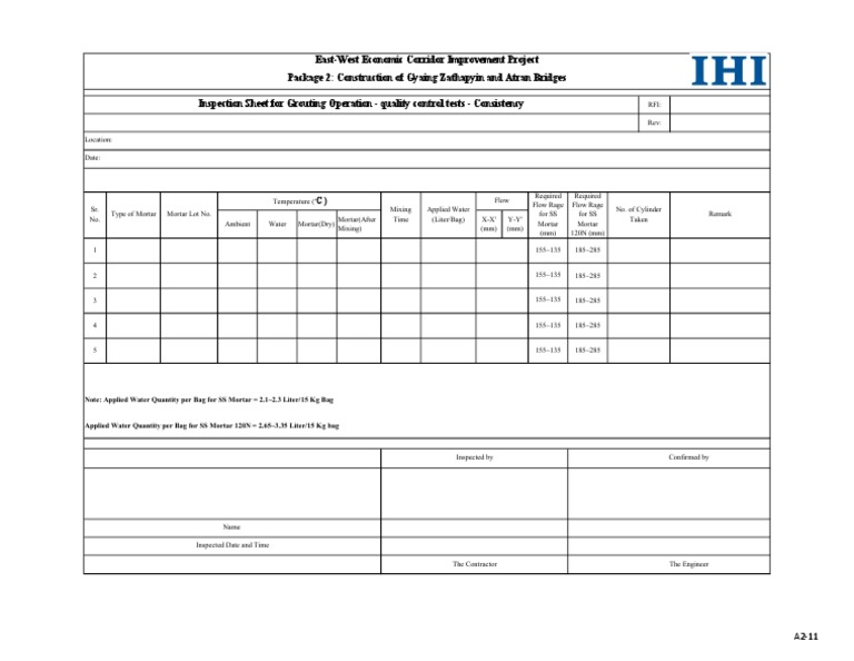 Grouting Operation Inspection Sheet | PDF | Mechanical Engineering