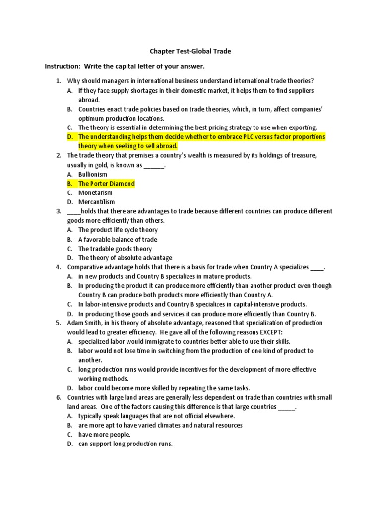 Global Trade Chapter Test Overview | PDF | Exports | Protectionism