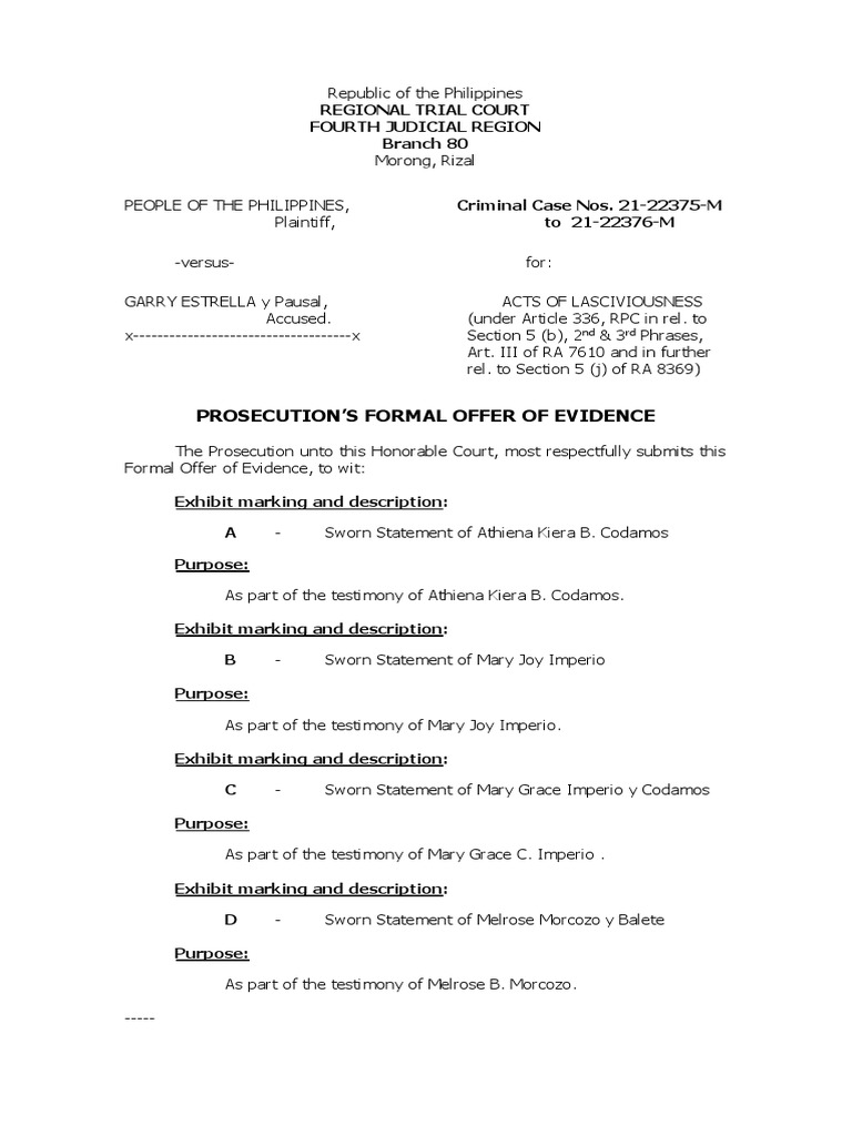 Prosecution'S Formal Offer of Evidence: Regional Trial Court Fourth ...