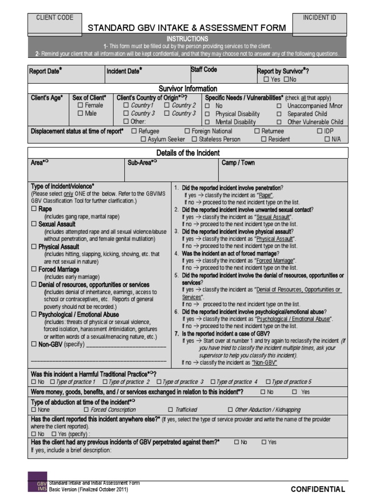 Standard GBV Intake & Assessment Form: Survivor Information | PDF ...