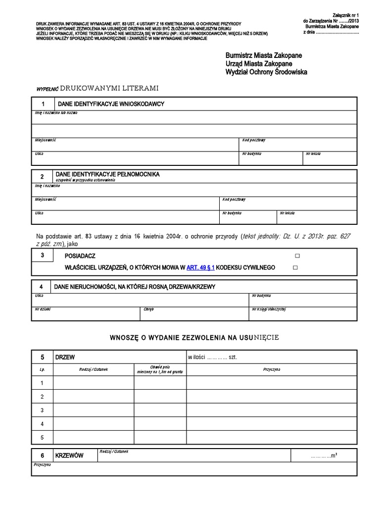 Wniosek o Wydanie Zezwolenia Na Usuniecie Drzew | PDF