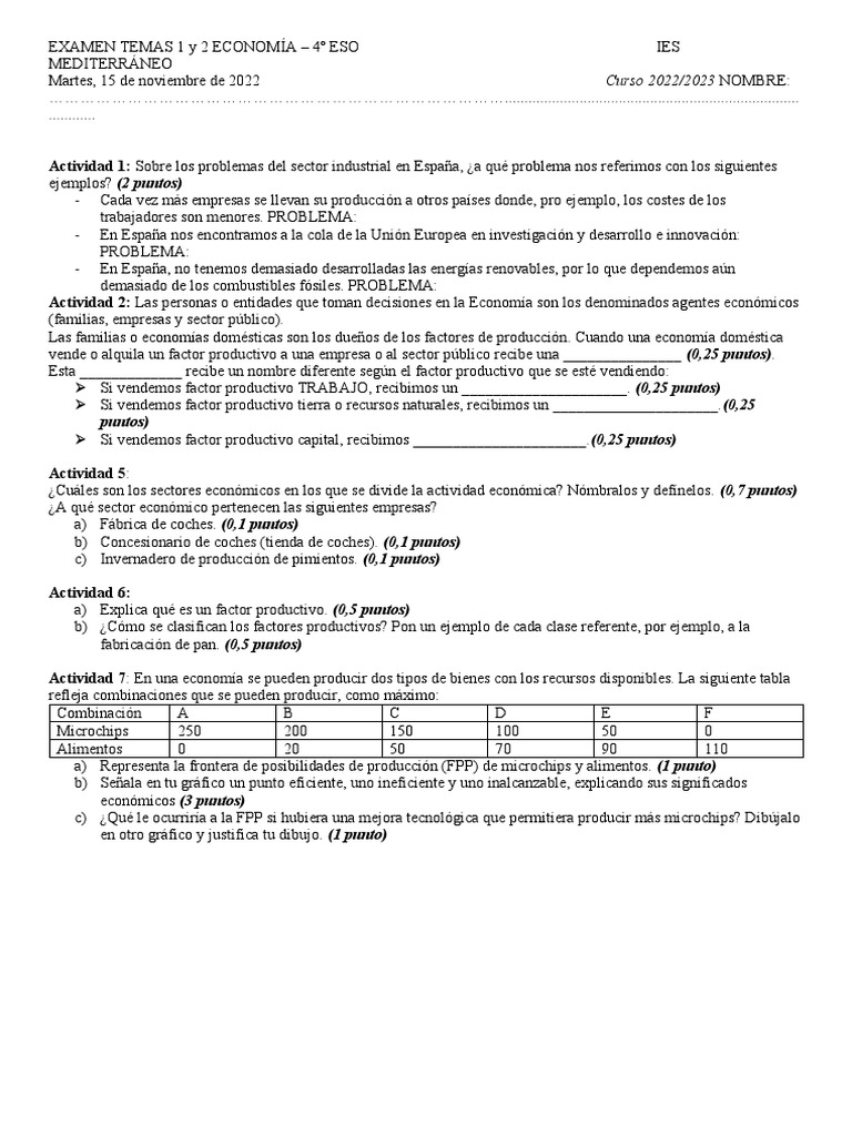 Examen Economía UD2 4ºESO | PDF