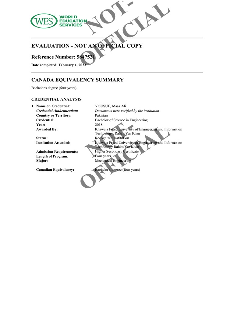 WES-ICAP Report - BS Mechanical | PDF | Course Credit