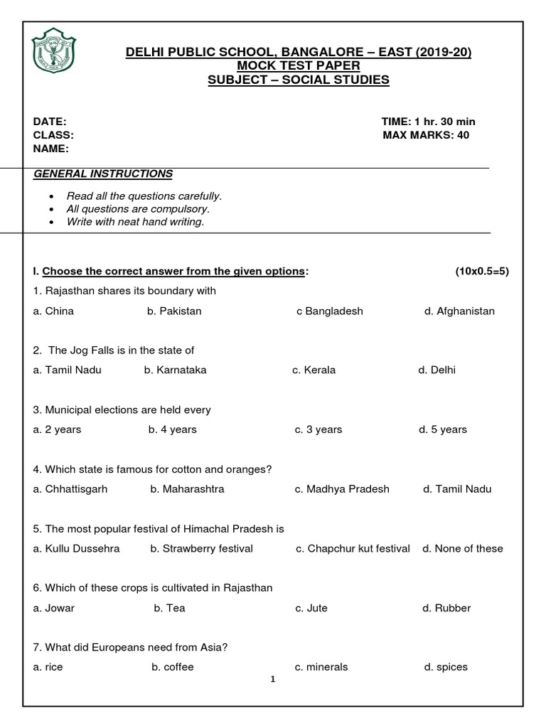Grade 6 Social Studies Mock Test | PDF | Himalayas