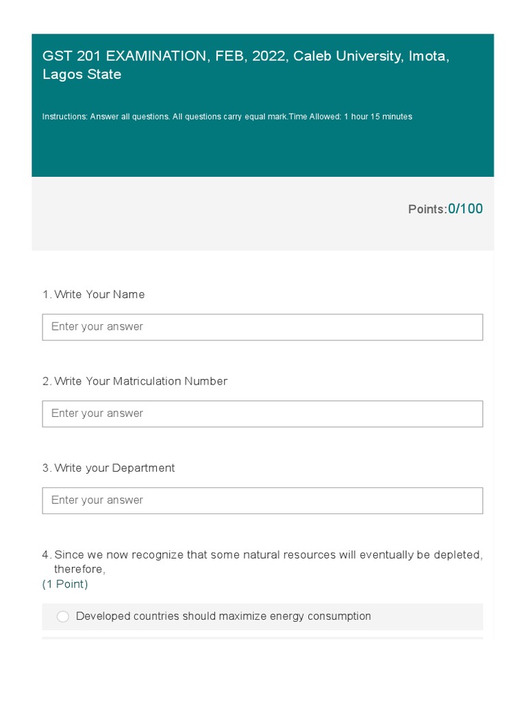GST 201 Exam Questions - Caleb University | PDF | Sustainability ...