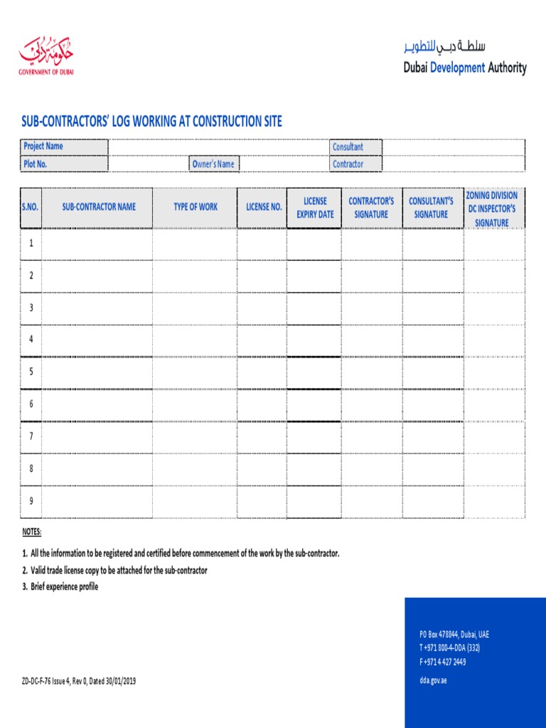 Subcontractor Log for Construction Project at Plot No. [ADDRESS ...