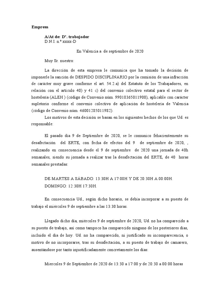 Modelo Carta Despido Disciplinario | PDF | Justicia | Crimen y violencia