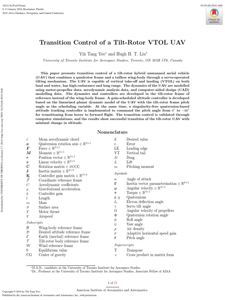 Transition Control of A Tilt-Rotor VTOL UAV: Yih Tang Yeo and Hugh H. T ...